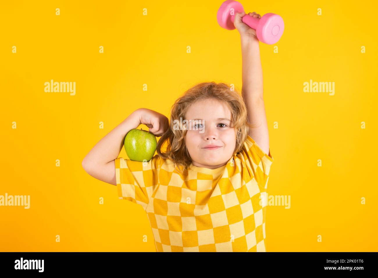 Child workout. Kid sport. Child exercising with dumbbells. Sporty child ...
