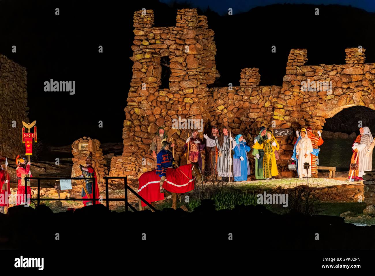 Oklahoma, APR 1 2023 - Night view of the easter Pageant in the Holy ...