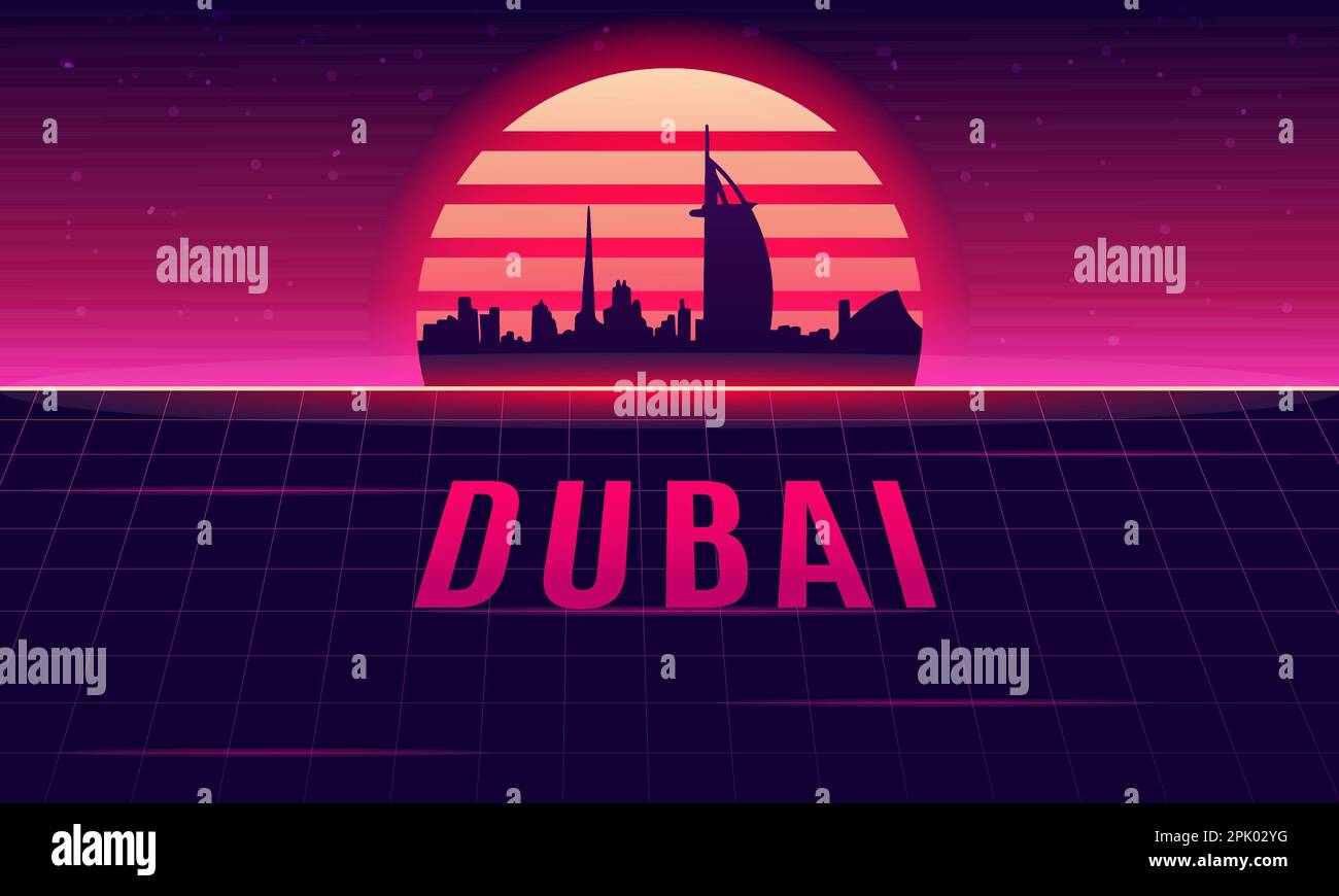 Travel background vectors illustrations, Futuristic retro skyline Dubai ...