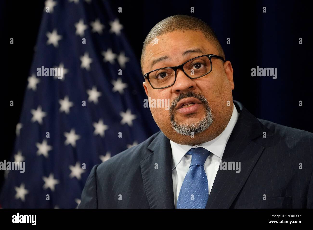 Manhattan District Attorney Alvin Bragg speaks at a press conference ...