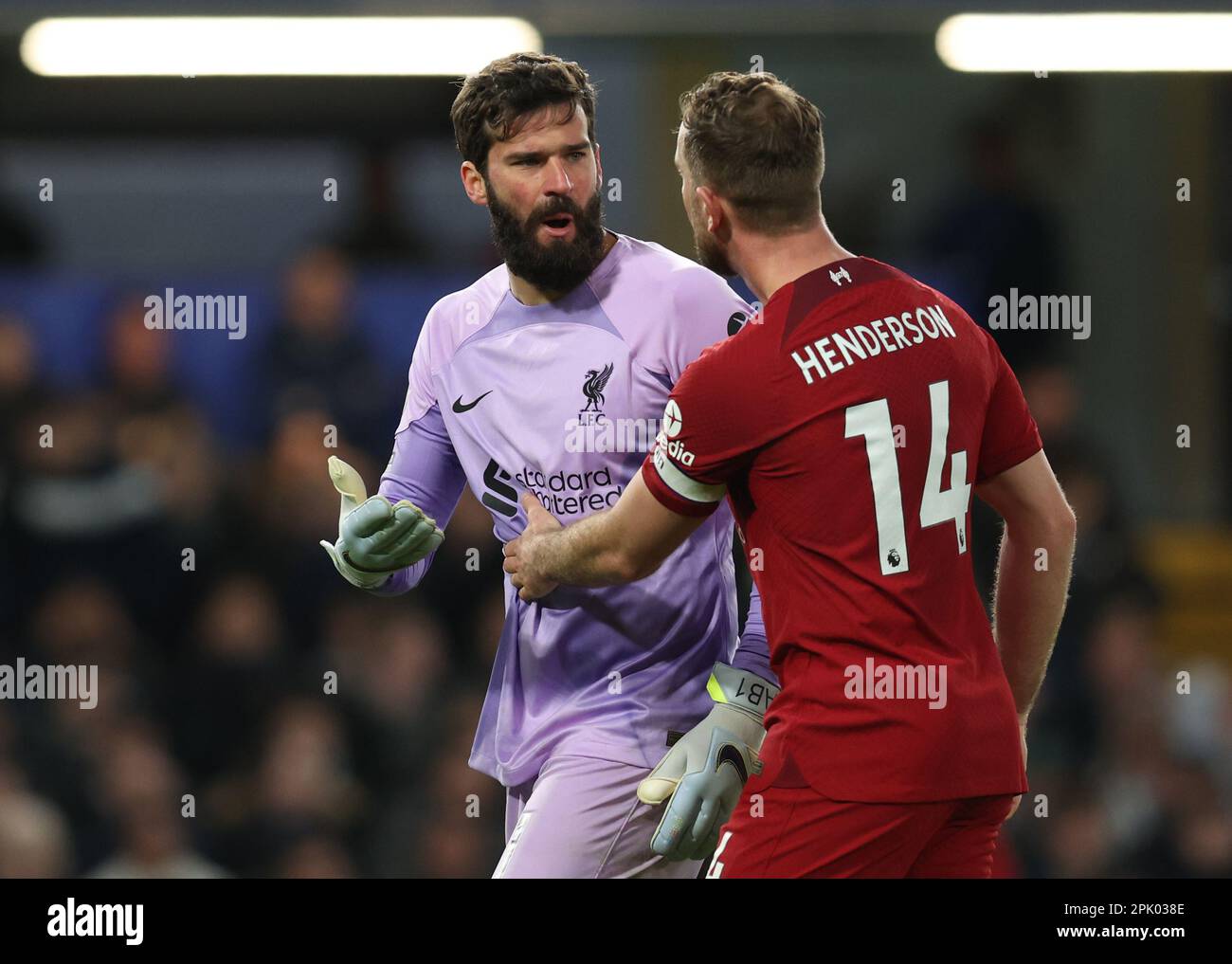 London, UK. 4th Apr, 2023. Alisson Becker of Liverpool and Jordan ...