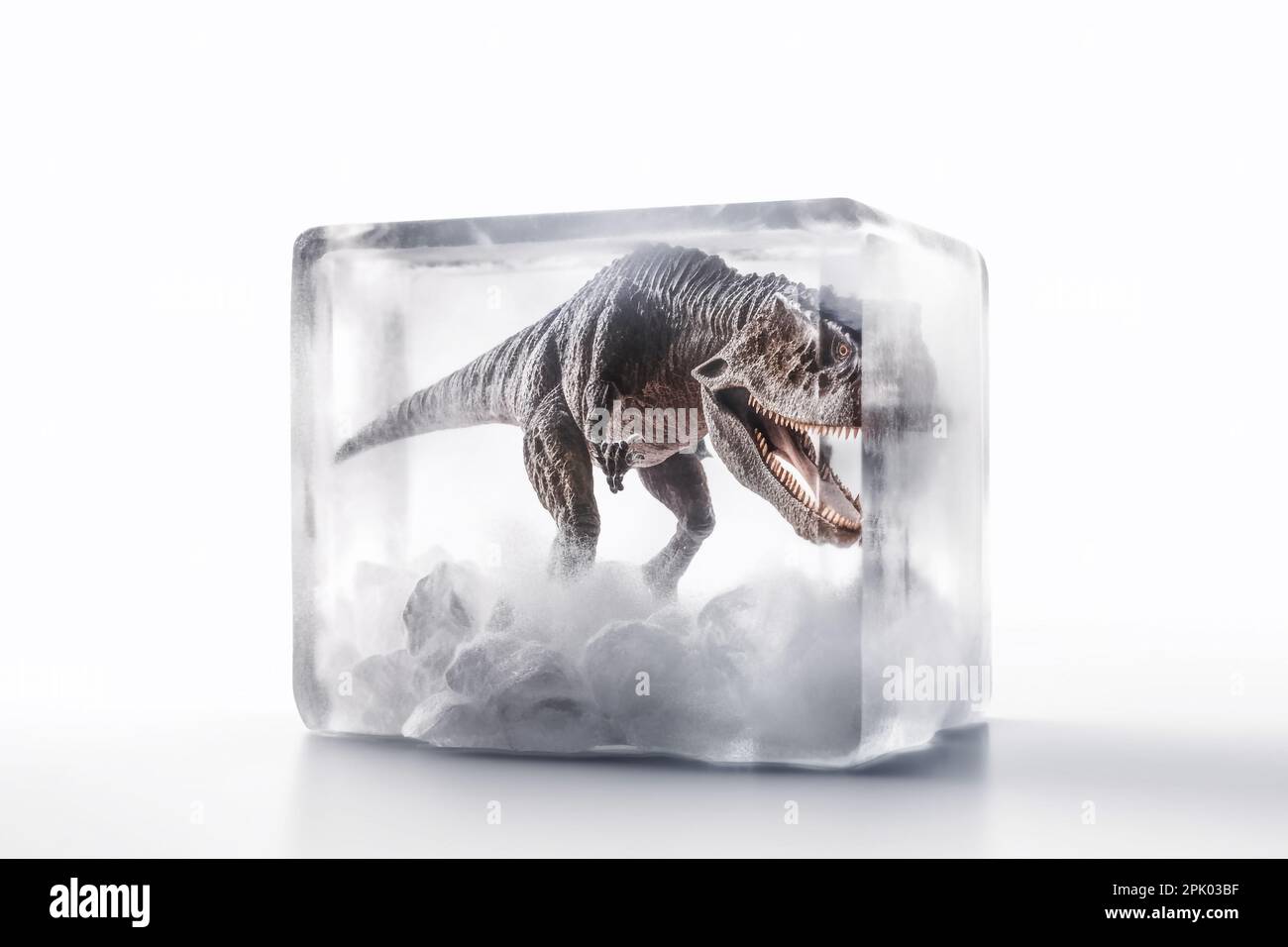 Frozen dinosaur in an ice cube. The concept of cloning, restoration of ...