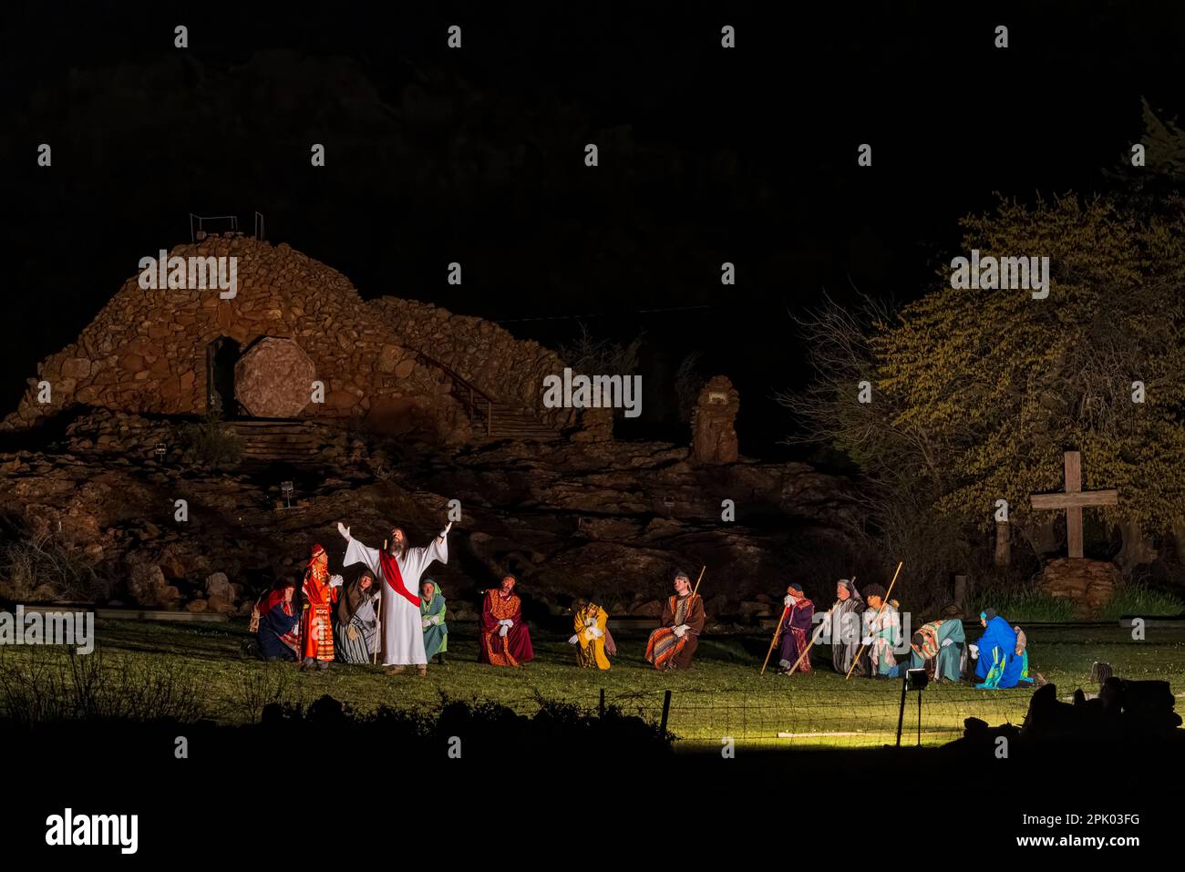 Oklahoma, APR 1 2023 - Night view of the easter Pageant in the Holy ...