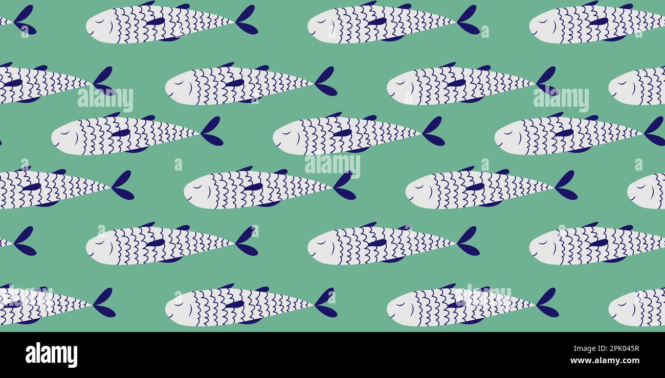 Seamless pattern with hand drawn blue fish. Doodle, simple illustration ...