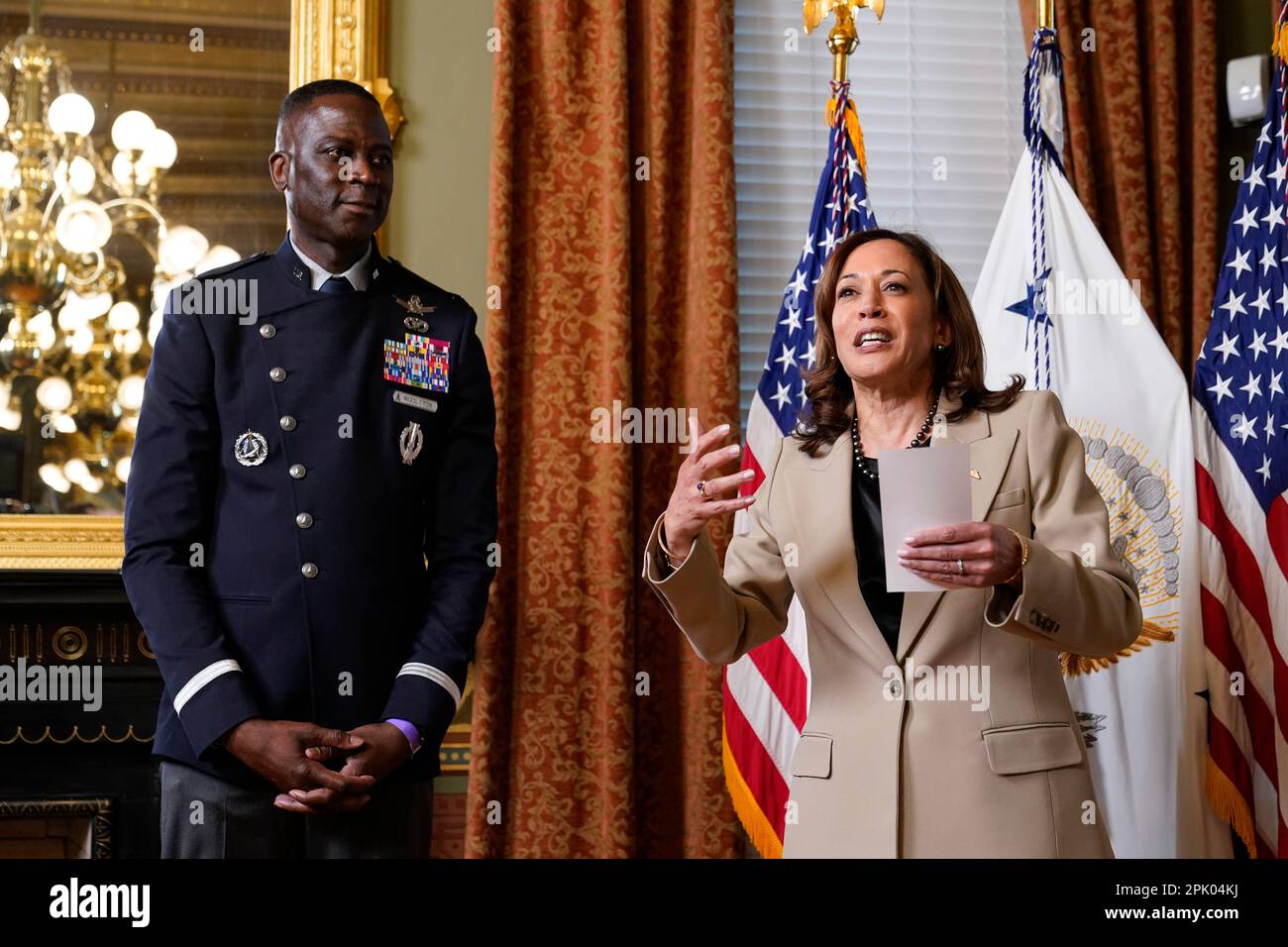 Vice President Kamala Harris speaks during a ceremonial promotion of ...