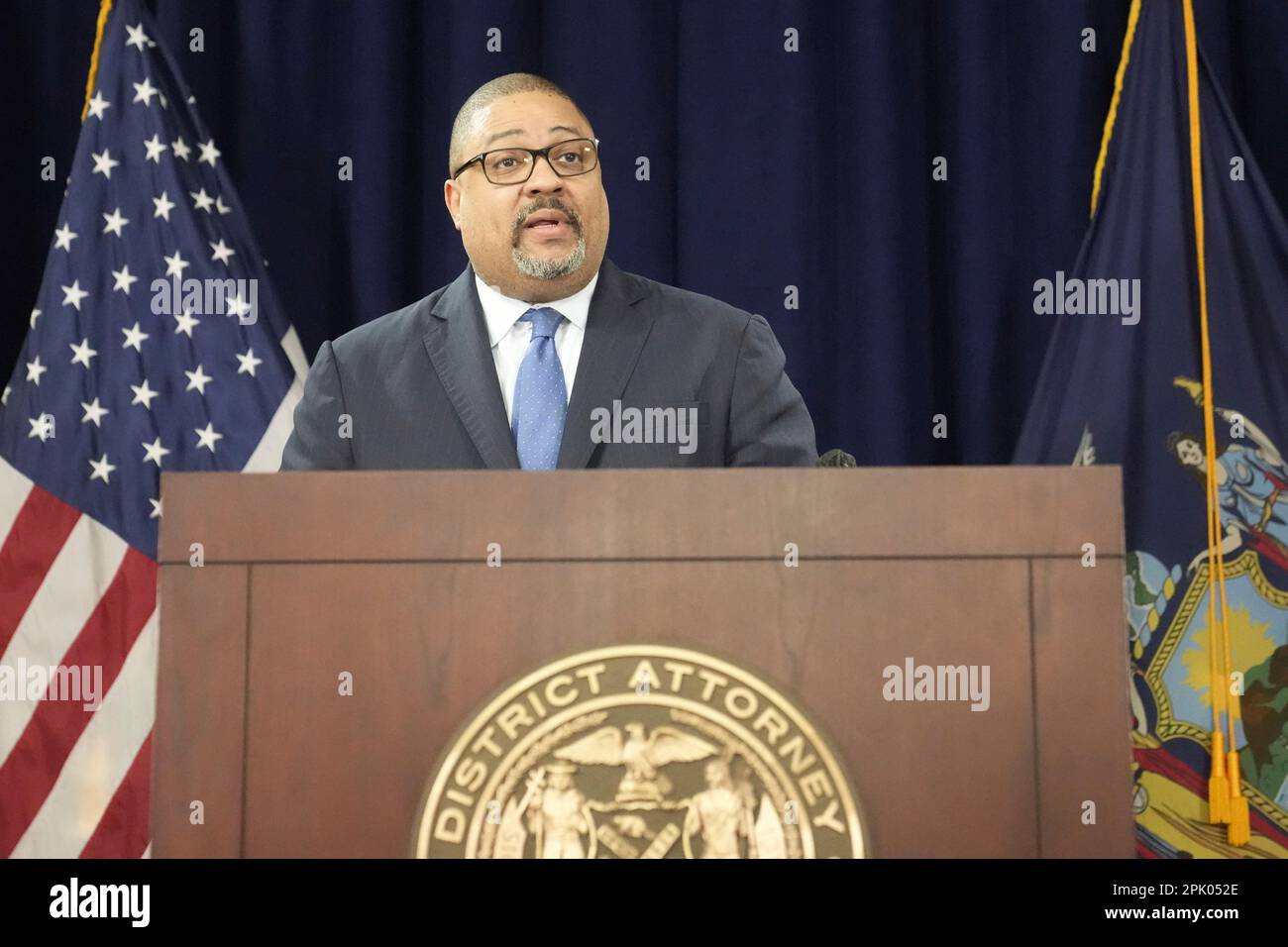 Manhattan District Attorney Alvin Bragg speaks at a press conference ...