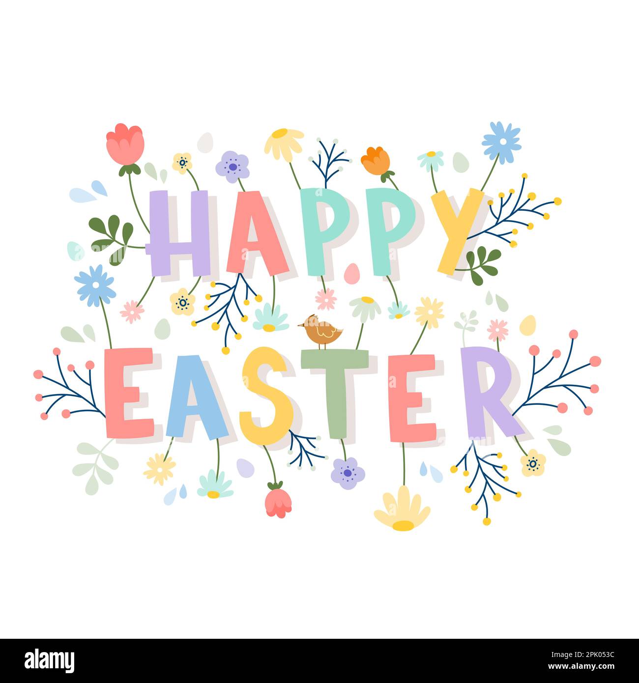 Happy Easter lettering. Colorful flower explosion. Vector illustration ...