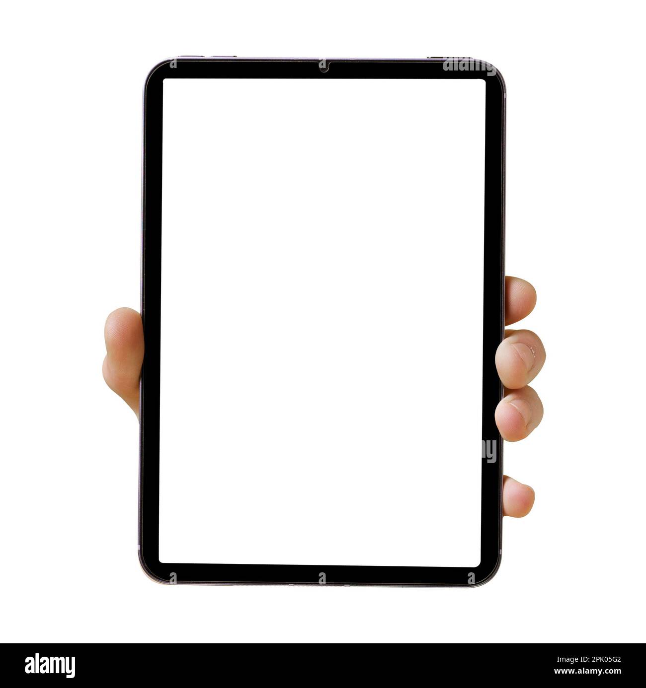 Blank tablet screen held by a man's hand against a white background ...