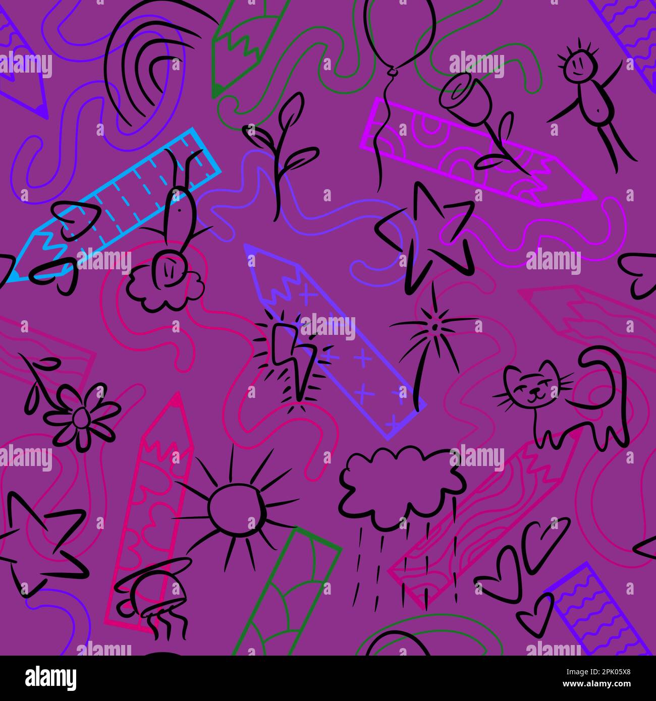 Cartoon doodle markers seamless school pencil and blackboard pattern ...