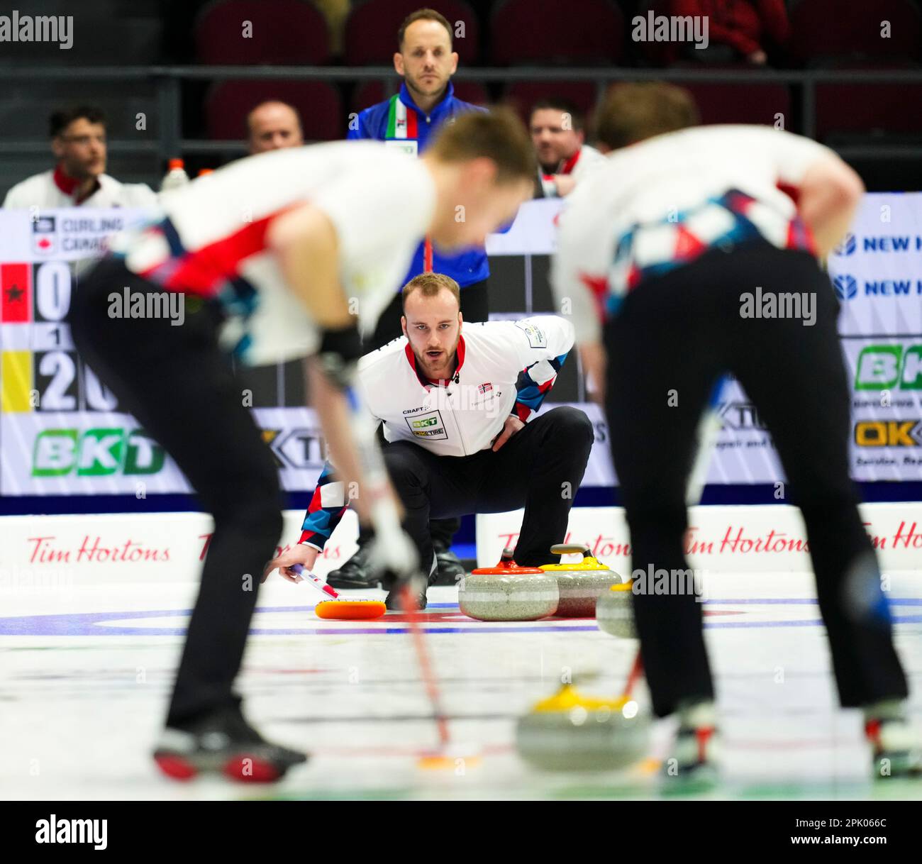 Ottawa, Can. 04th Apr, 2023. Norway skip Magnus Ramsfjell calls the ...