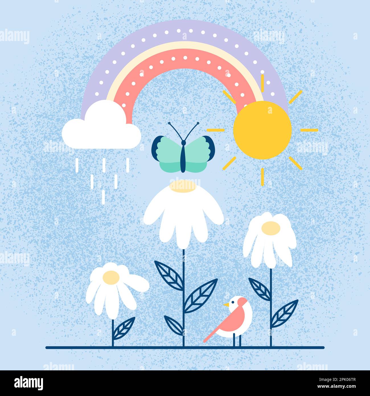 Spring landscape. Landscape with bird, daisy flowers, rainbow ...