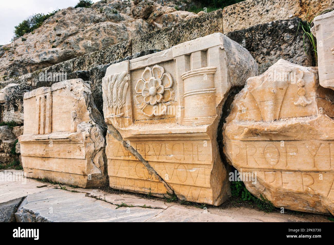 Ancient sculpted marble ruins at the Archaeological Site of Eleusis in ...