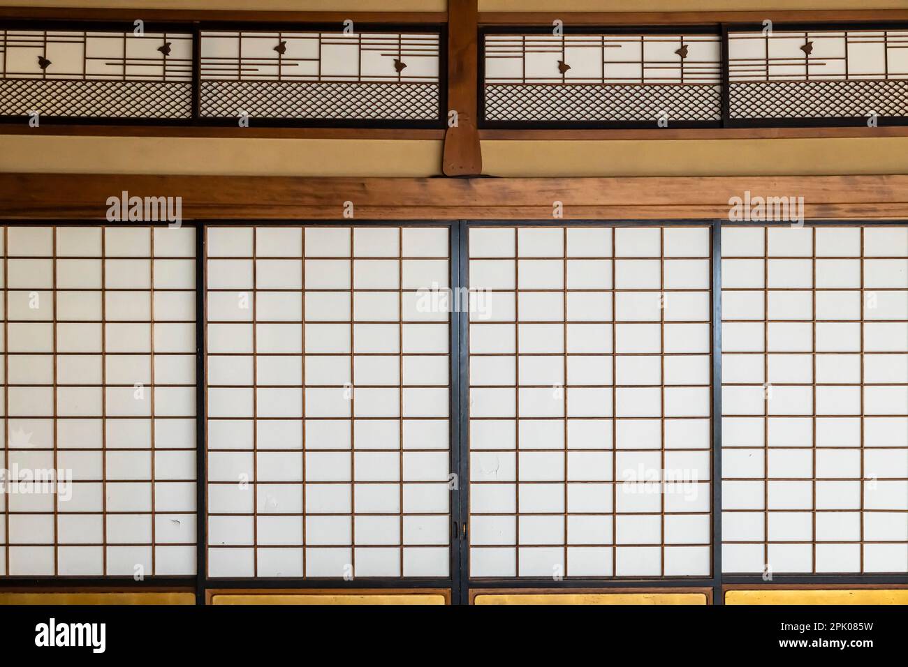 Interior of old wooden hotel "Tokaikan", "Shoji" door at hall, Local ...