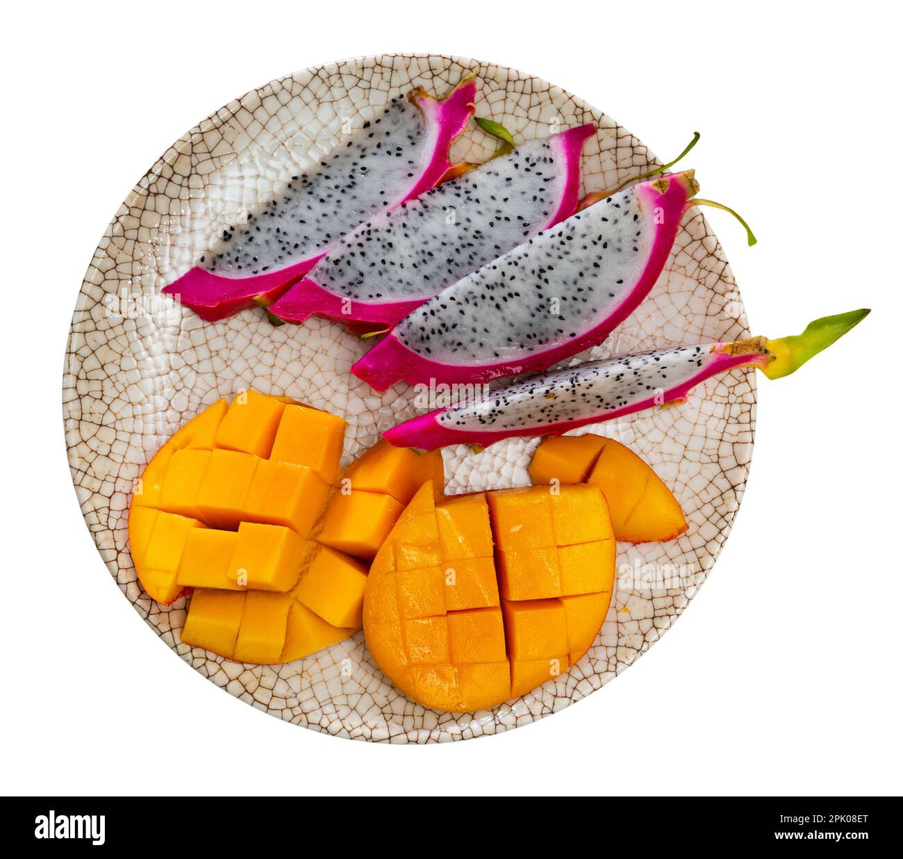 Breakfast with sweet pitaya and mango. Plate with pitaya and mango ...