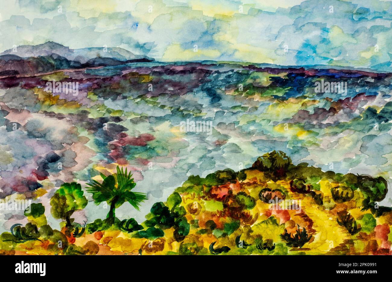 hand drawn watercolor illustration seascape of the sea before the storm ...