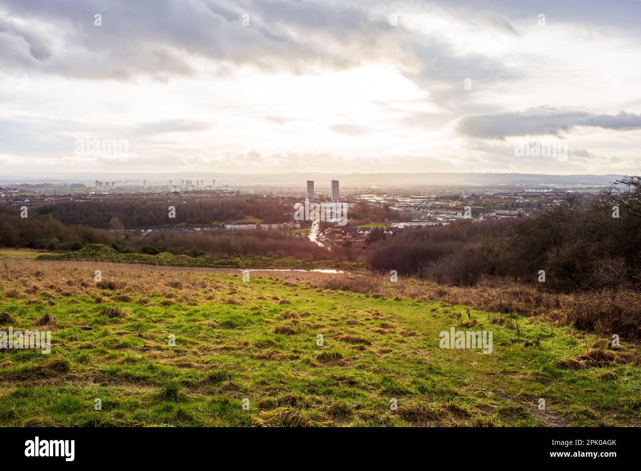 A landscape of city of Glasgow skyline on a wet cold winter morning ...