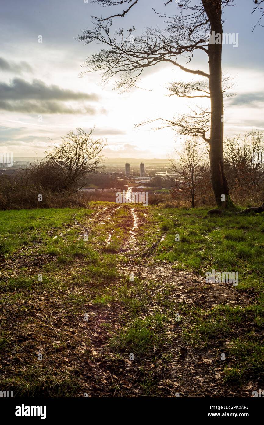 A landscape of city of Glasgow skyline on a wet cold winter morning ...