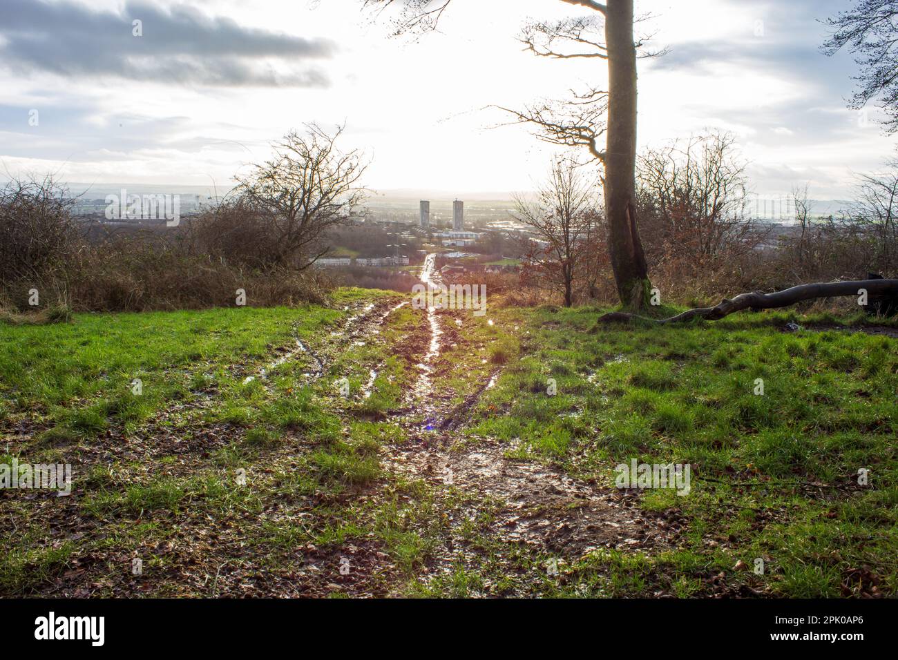A landscape of city of Glasgow skyline on a wet cold winter morning ...