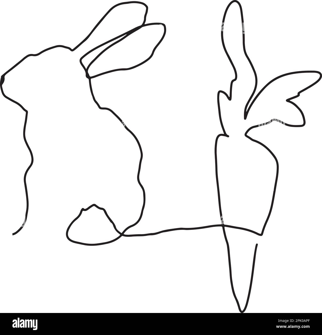Easter bunny in simple one line style. Rabbit, carrot. Black and white ...