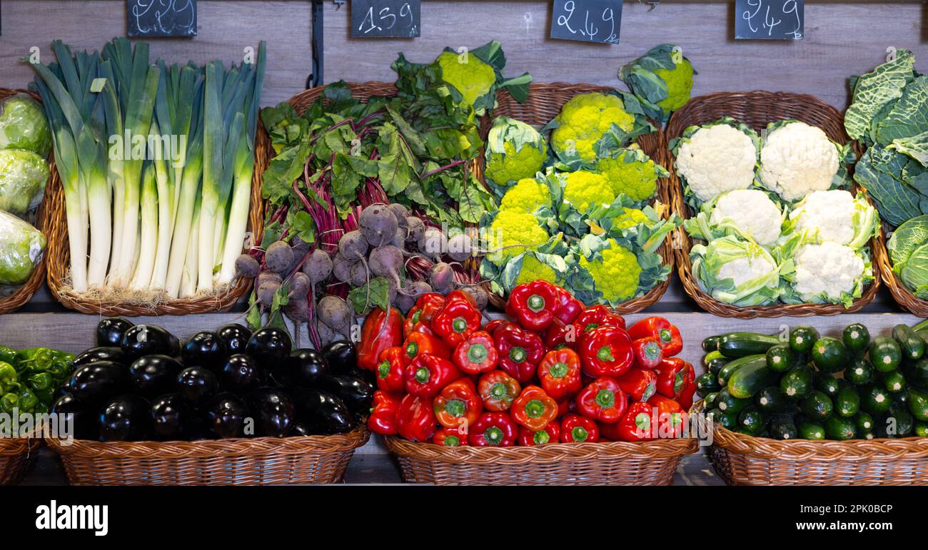 Fresh vegetables and fruits assortment on counter in supermarket Stock ...