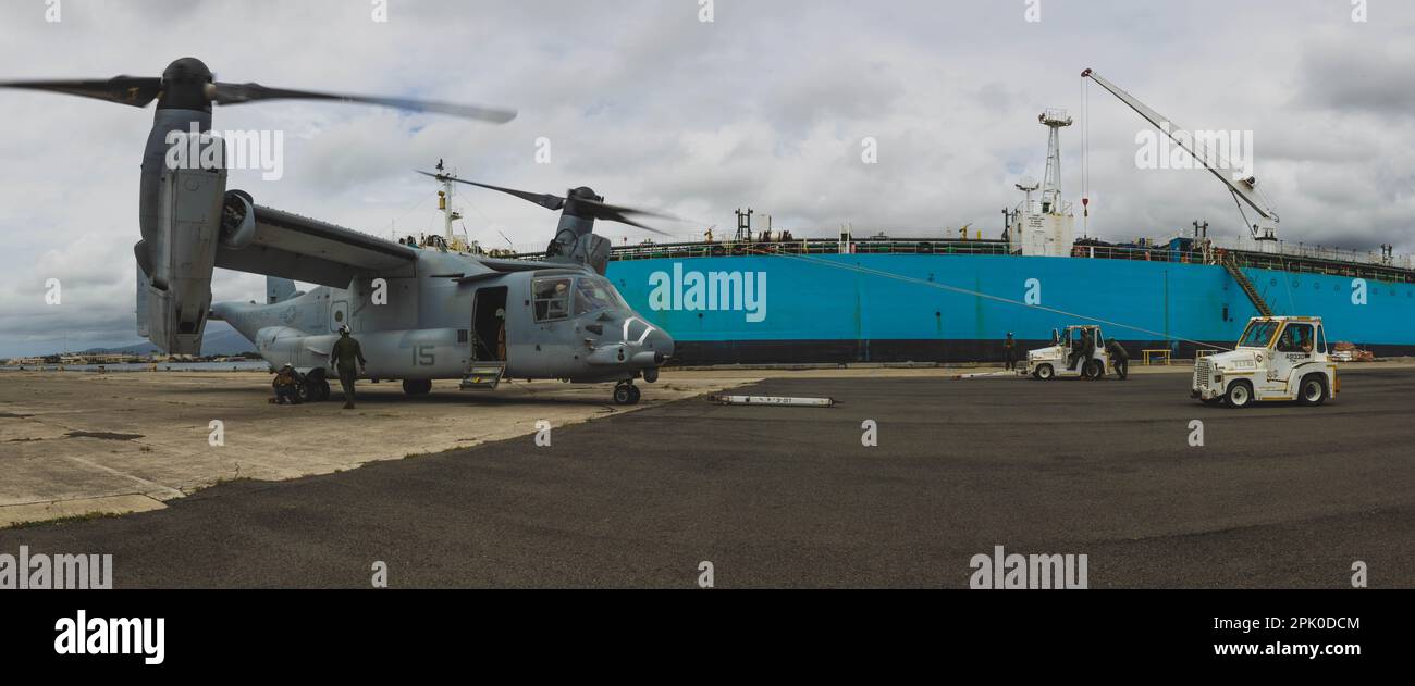 U.S. Marines with Marine Medium Tiltrotor Squadron 363 prepare an MV ...