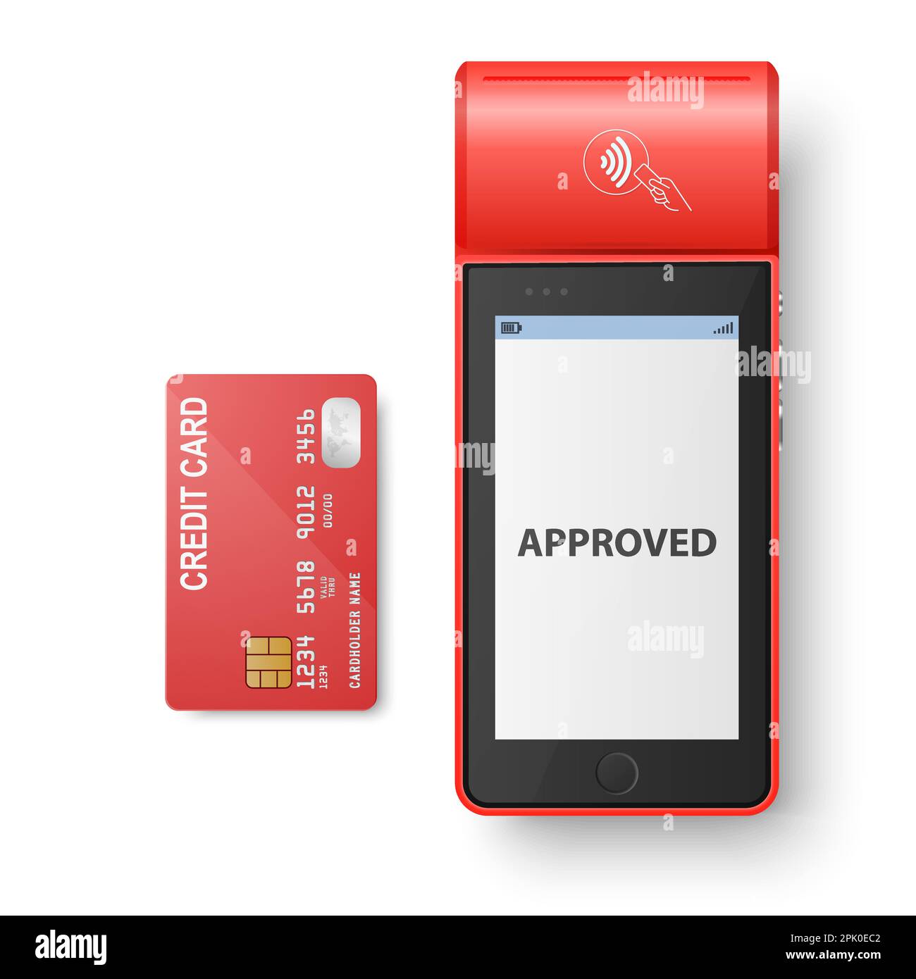 Vector 3d Red NFC Payment Machine with Approved Status and Red Credit Card. Wi-fi, Wireless ...