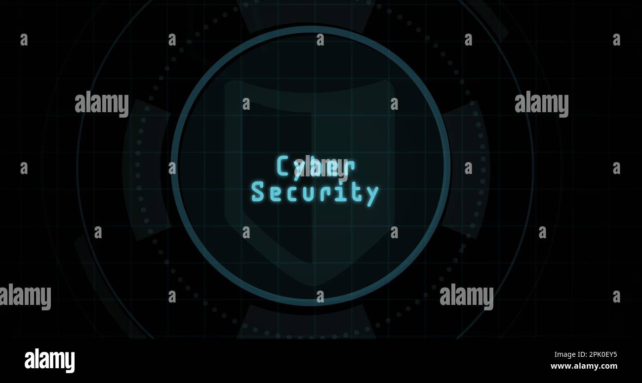 Image of cyber security text over shield and circle on black background ...