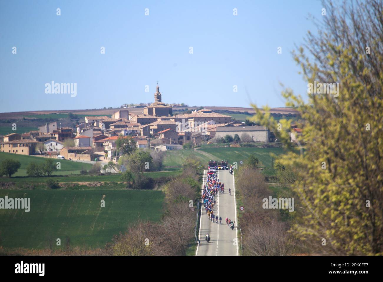 Torres del Rio, Spain, 04th April, 2023: The stretched peloton during ...