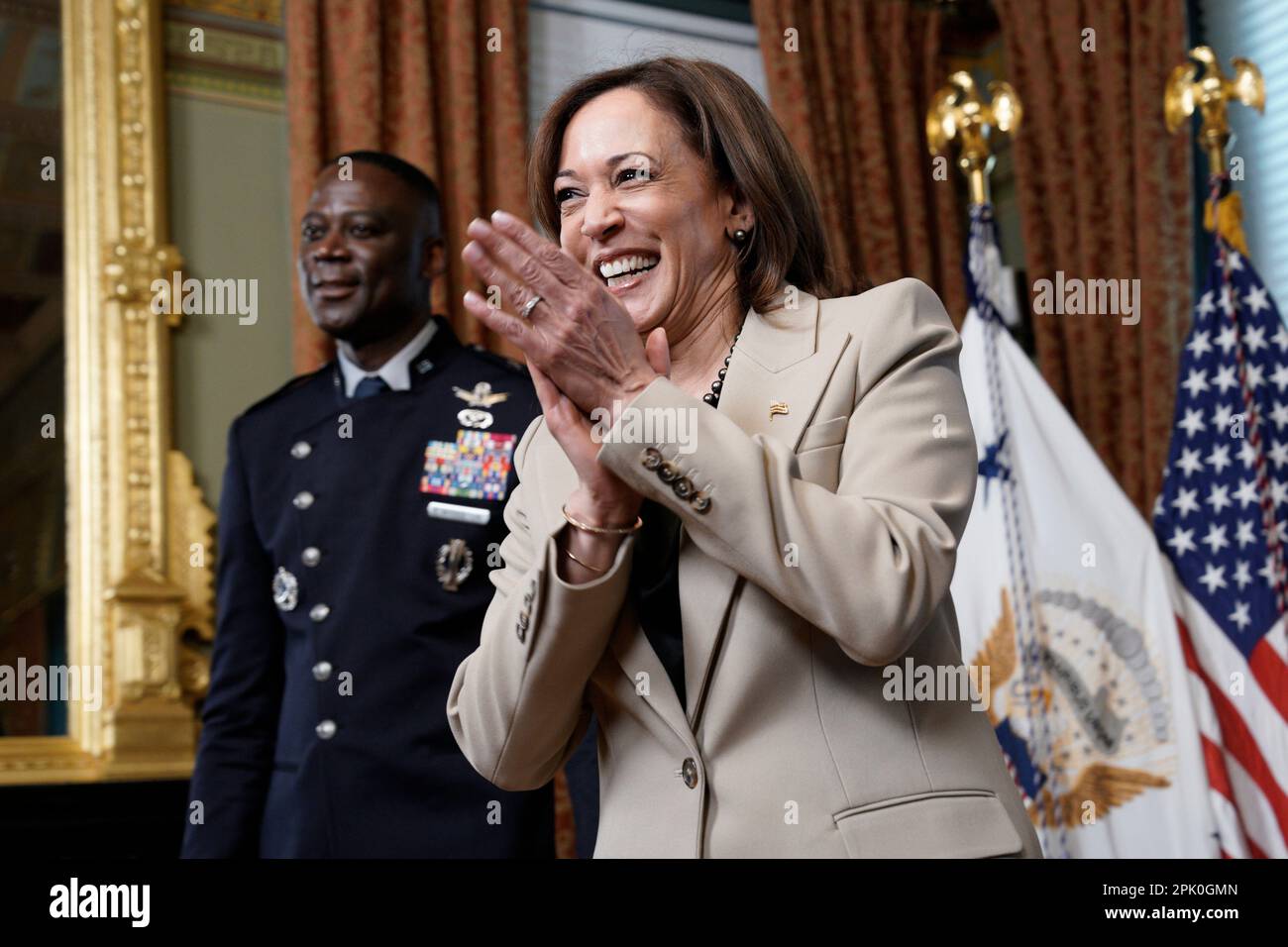 United States Vice President Kamala Harris laughs during a promotion ...