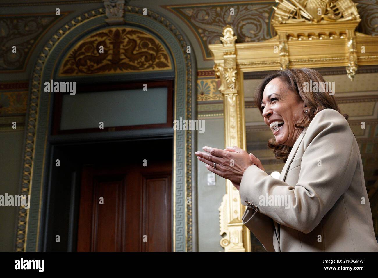 United States Vice President Kamala Harris laughs during a promotion ...