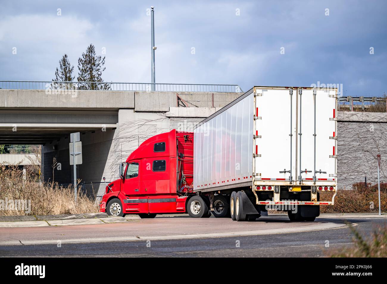 High cab profile red long hauler big rig industrial semi truck tractor ...