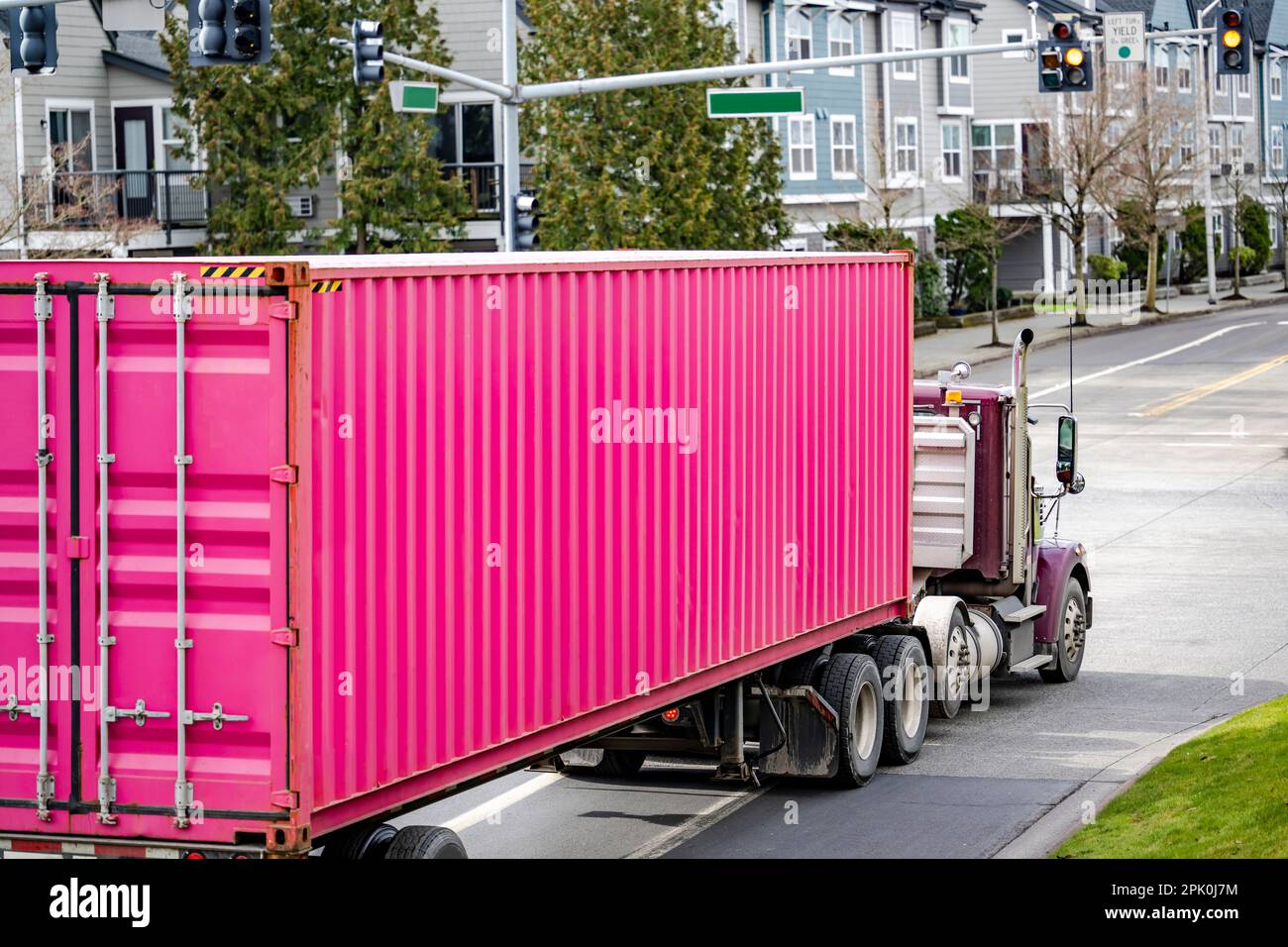 Day cab burgundy old style classic big rig industrial semi truck ...