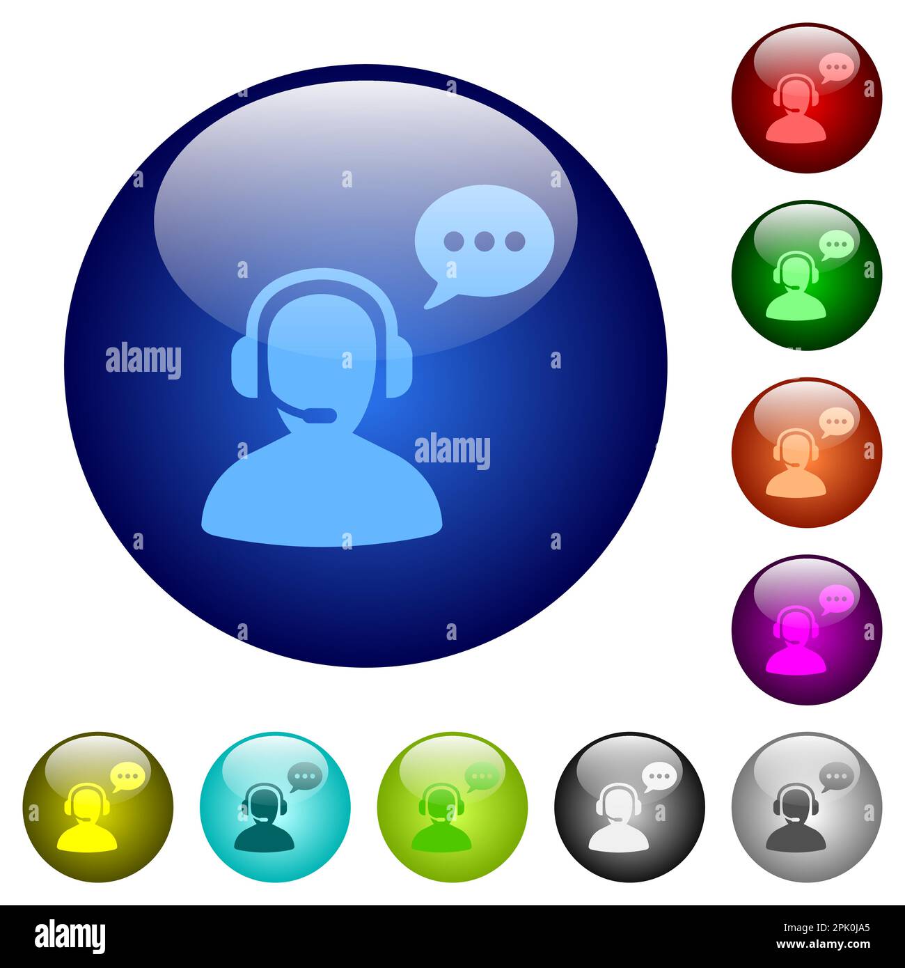 Talking operator active solid icons on round glass buttons in multiple colors. Arranged layer ...