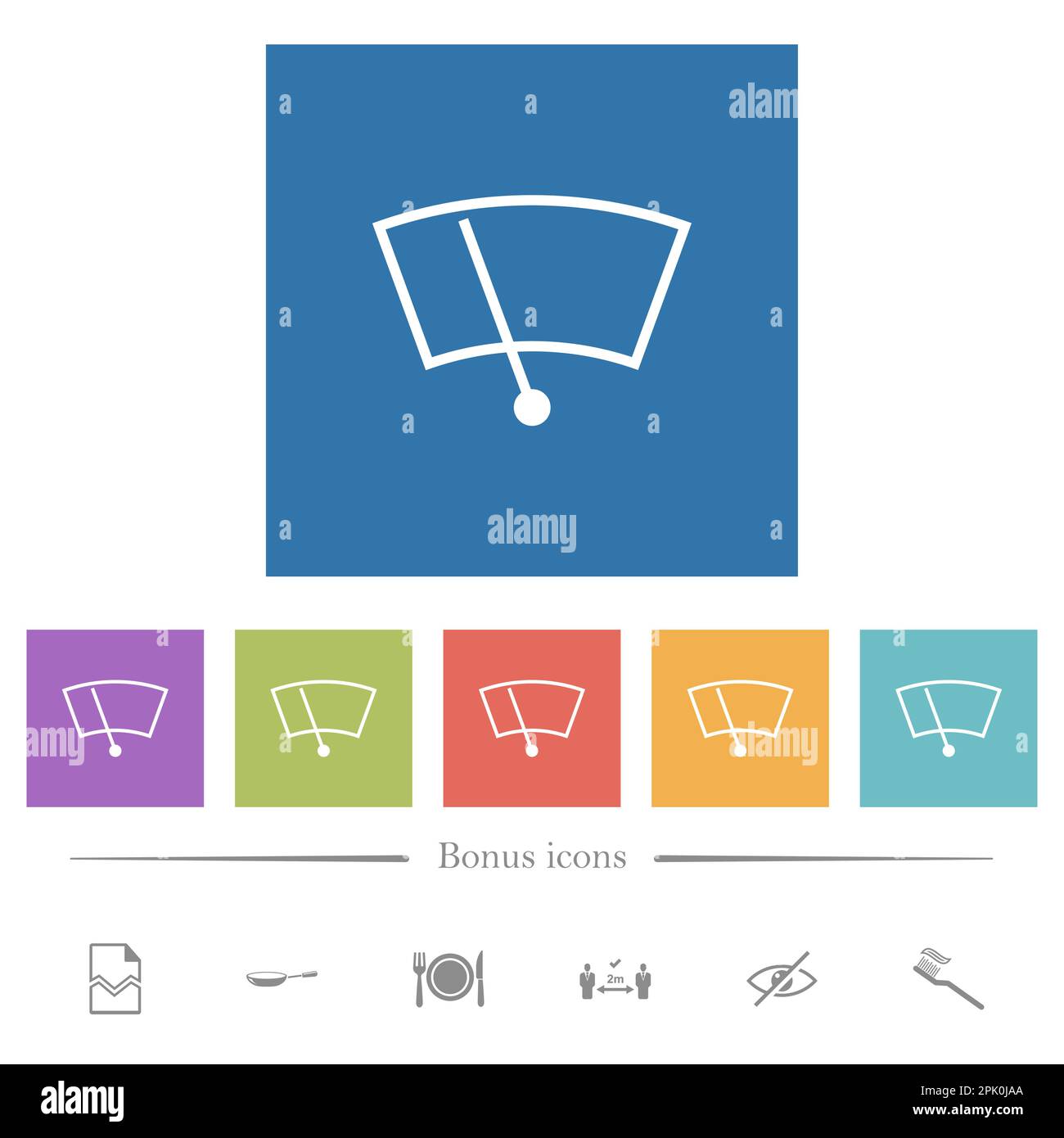 Windshield wiper flat white icons in square backgrounds. 6 bonus icons ...