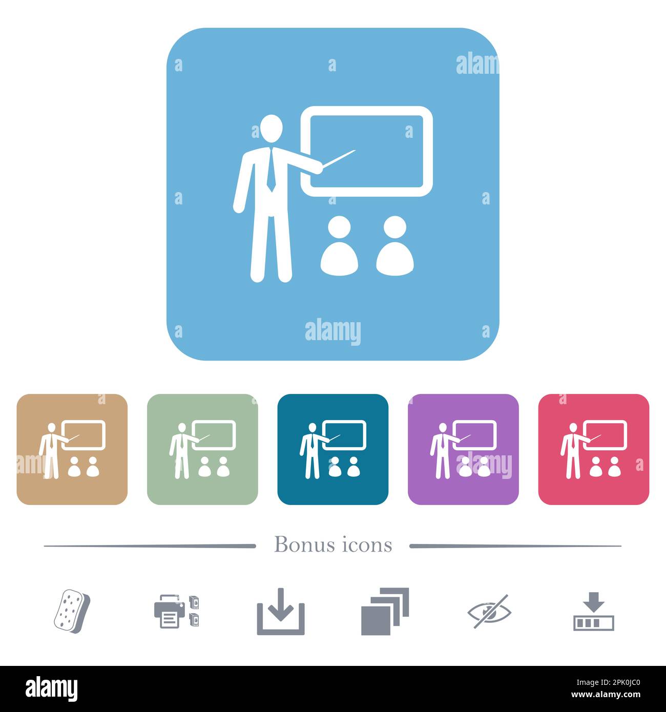 Training with students white flat icons on color rounded square ...