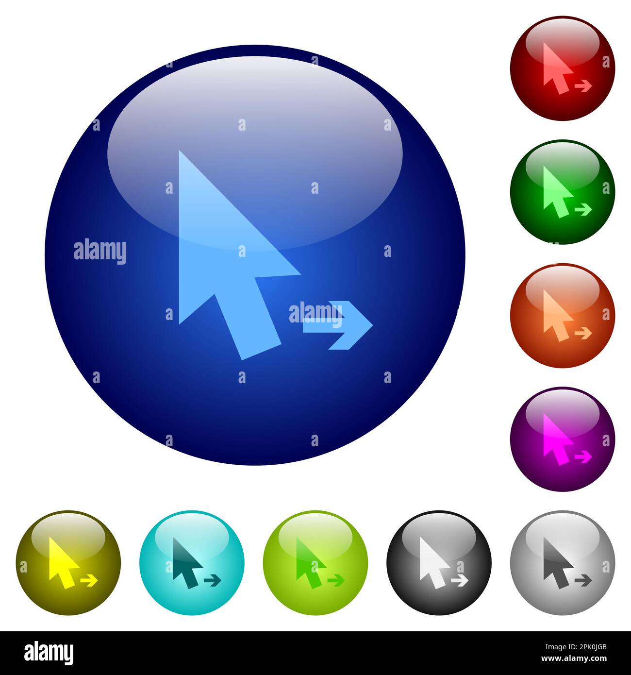 Arrow cursor right solid icons on round glass buttons in multiple colors. Arranged layer ...