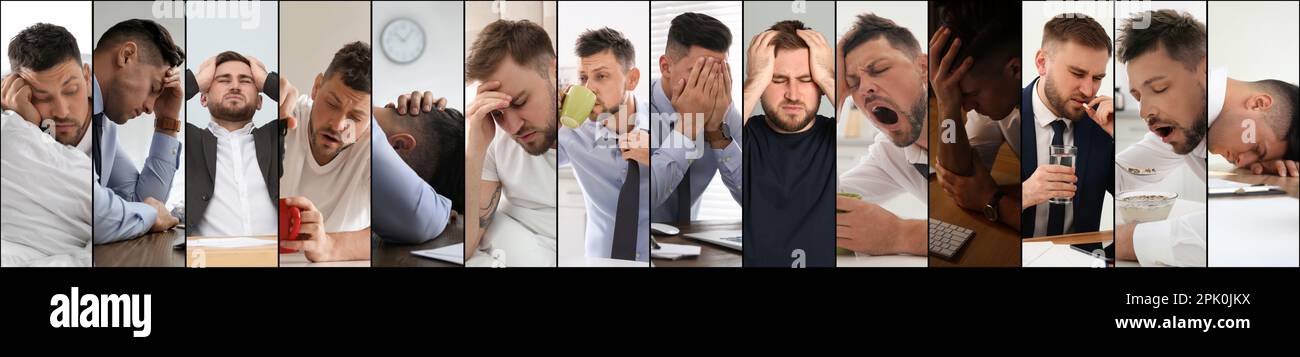 Collage with photos of tired men. Banner design Stock Photo - Alamy