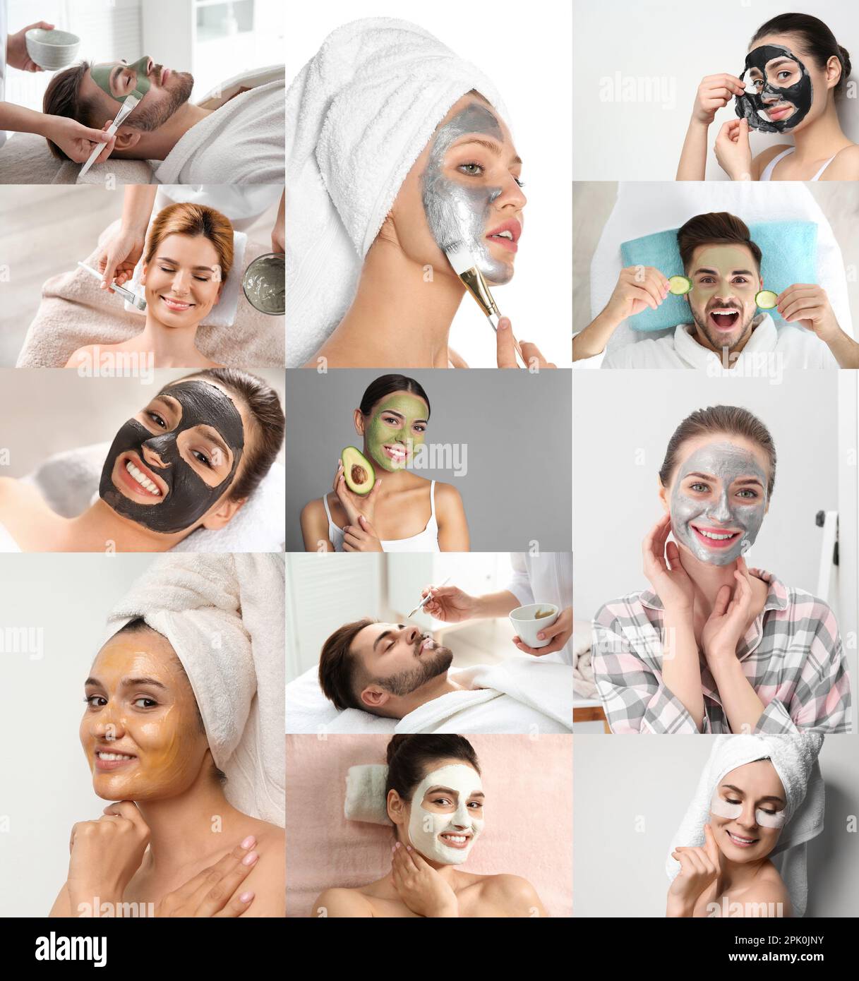 Collage with photos of people with cleansing and moisturizing masks on ...