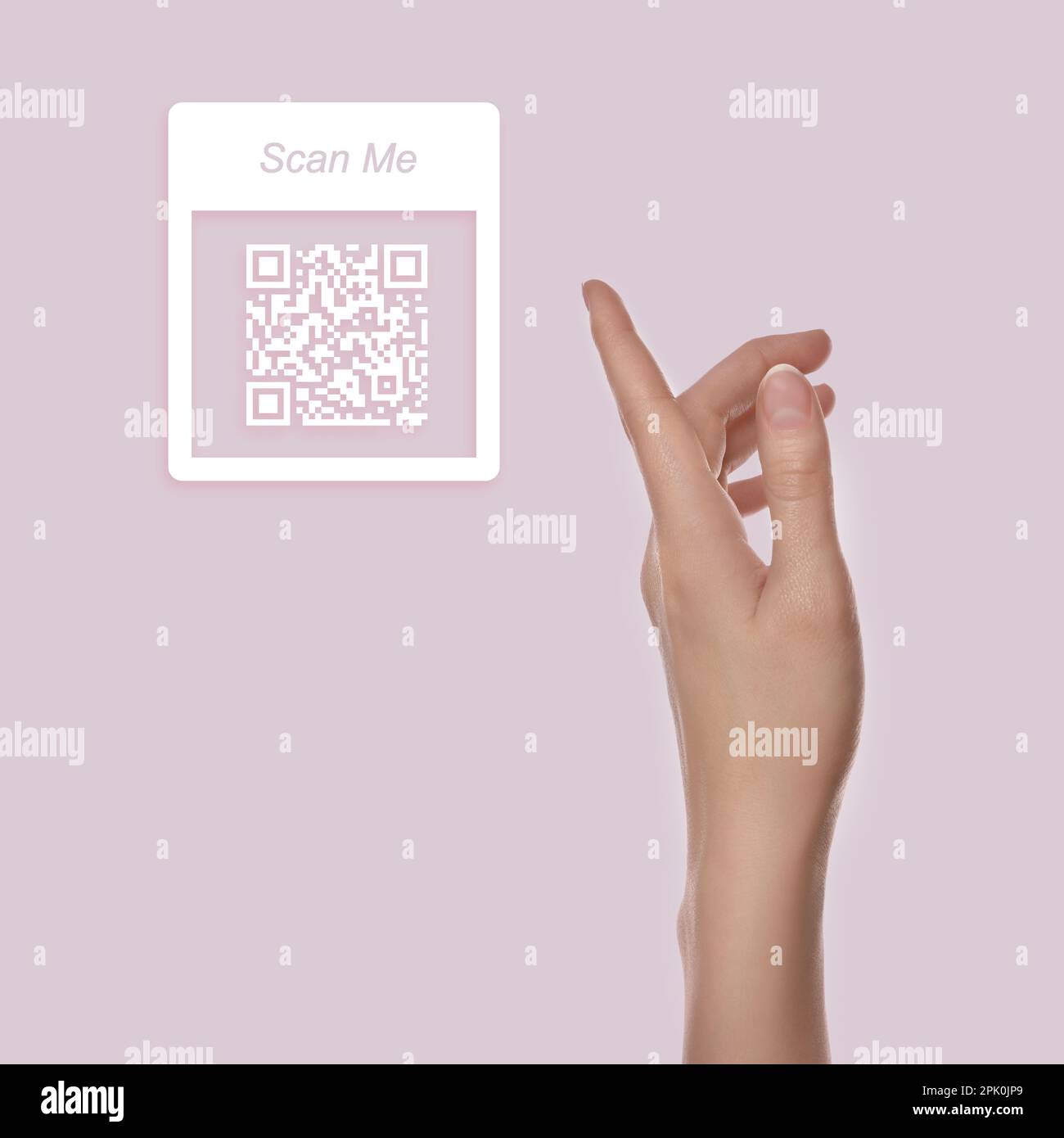 Woman pointing at illustration of QR code on lilac background, closeup ...