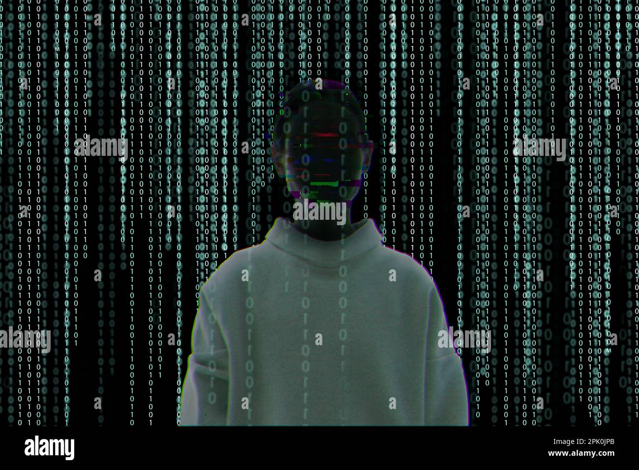 Silhouette Of Anonymous Hacker And Digital Binary Code On Dark Background Cyber Attack Concept