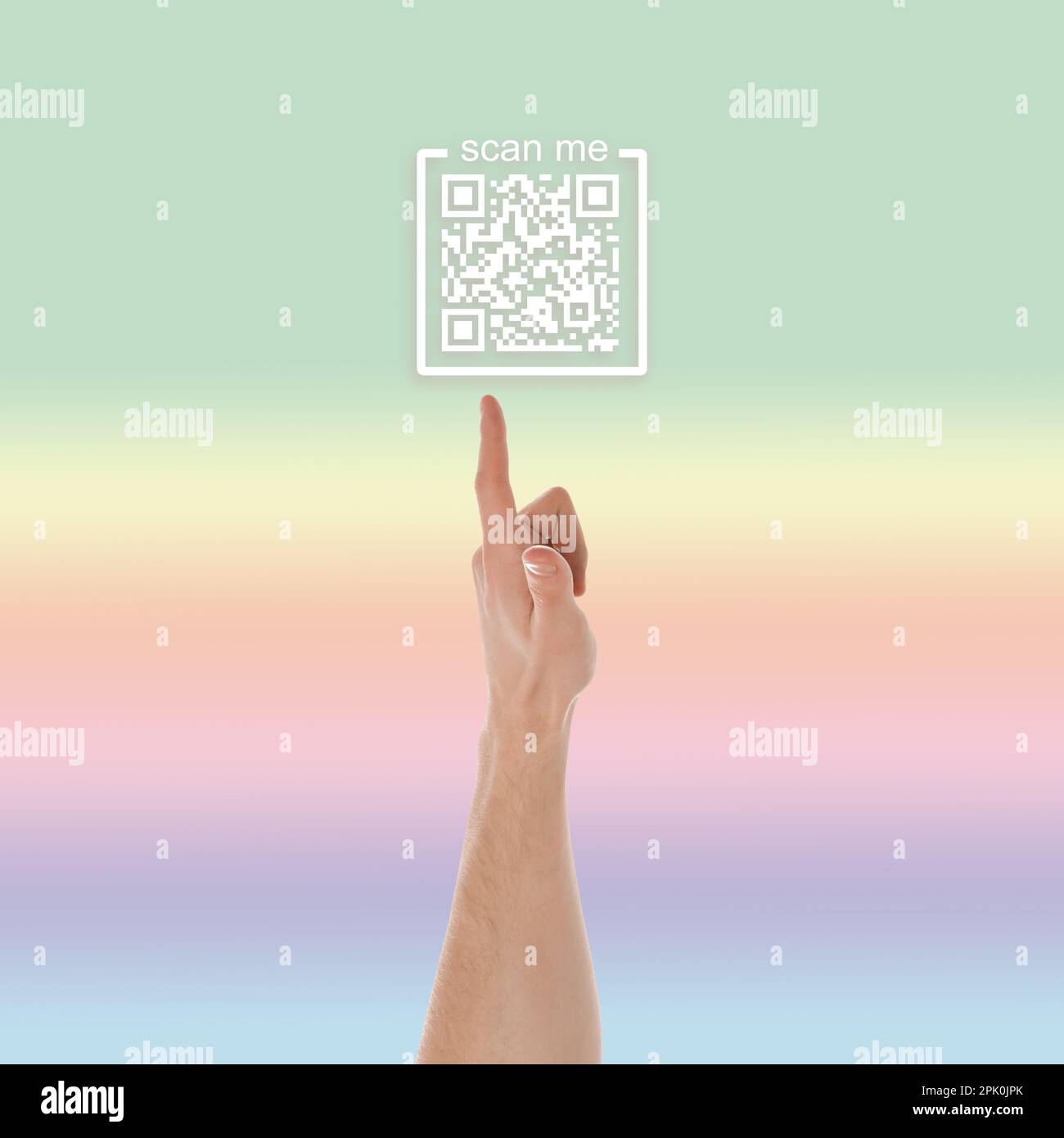 Man pointing at illustration of QR code on color background, closeup ...
