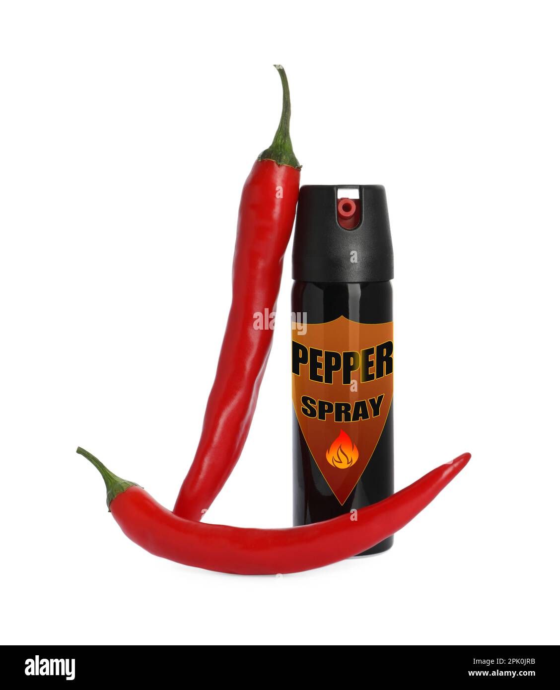 Bottle of gas pepper spray and fresh chili peppers on white background ...