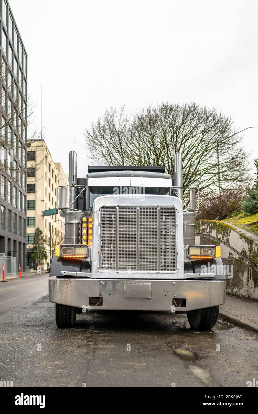 Clean big rig powerful bonnet day cab local hauler black semi truck ...
