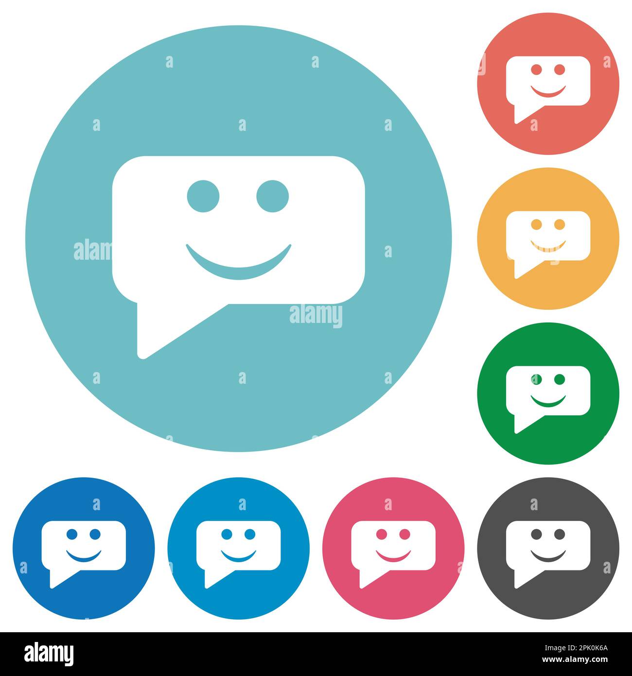Rounded square smiling chat bubble solid flat white icons on round ...