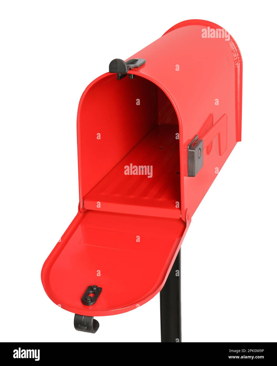 Open red letter box on white background Stock Photo - Alamy