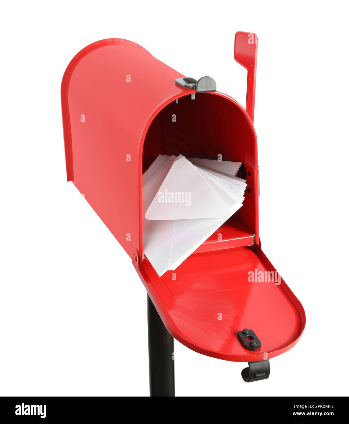 Open red letter box with correspondence on white background Stock Photo ...