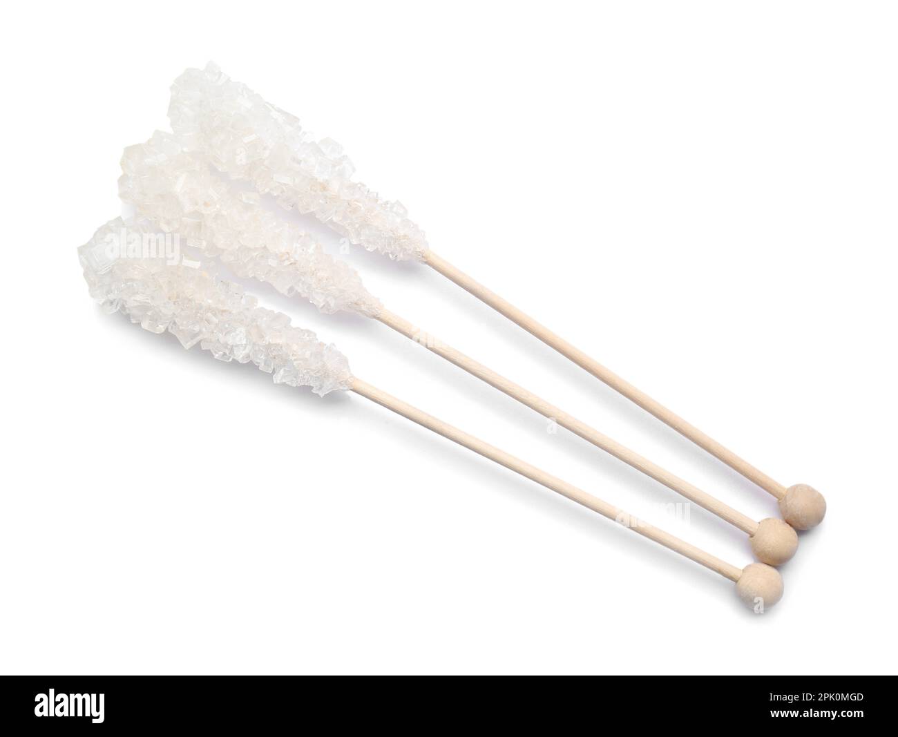 Wooden sticks with sugar crystals isolated on white, top view. Tasty ...