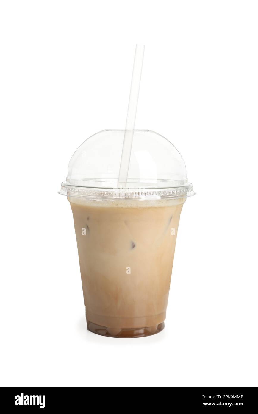 Takeaway plastic cup with cold coffee drink and straw isolated on white ...