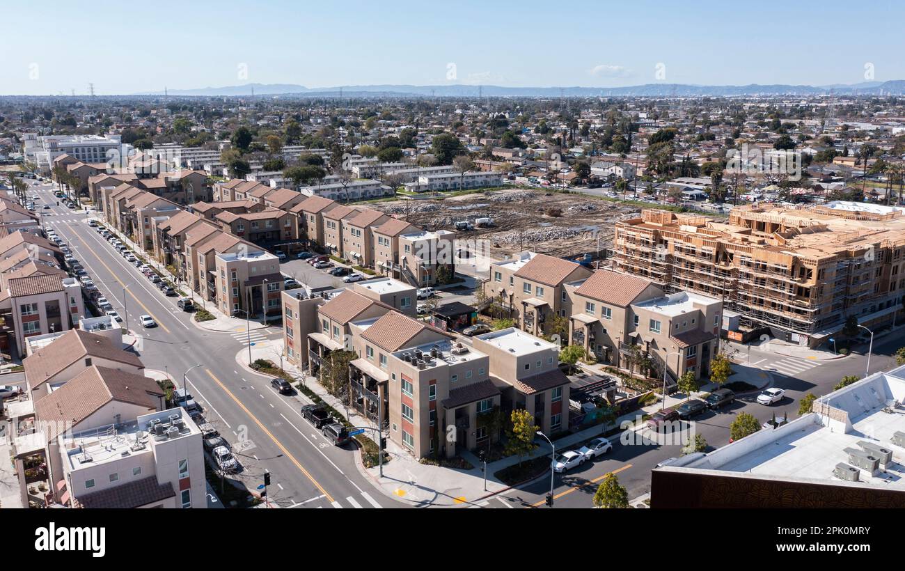 Watts, California, USA - February 25, 2023: Afternoon aerial view of ...