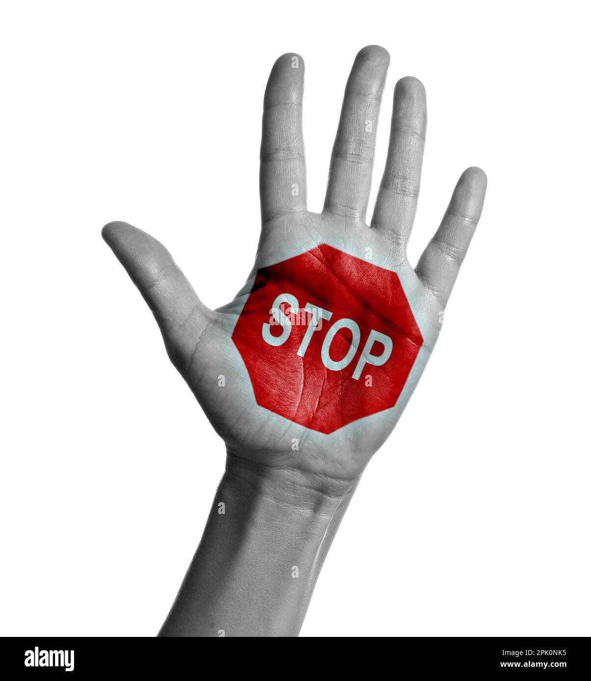 Woman showing palm with drawn STOP sign on white background, closeup ...